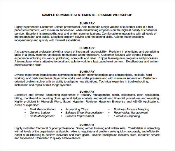 FREE 8 Sample Professional Summary Templates In PDF