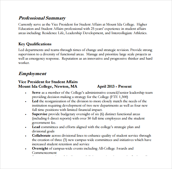 Professional Summary For Student Mryn Ism