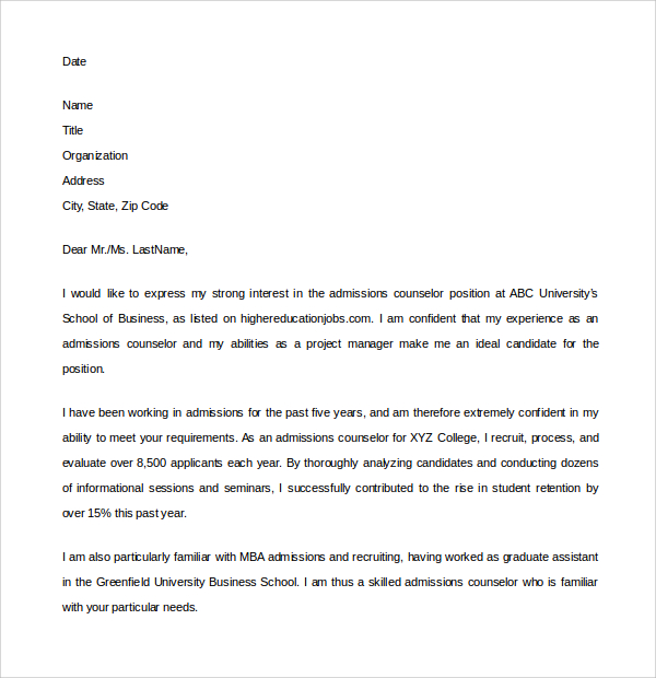 FREE 5 Sample Admission Counselor Cover Letter Templates In PDF MS Word