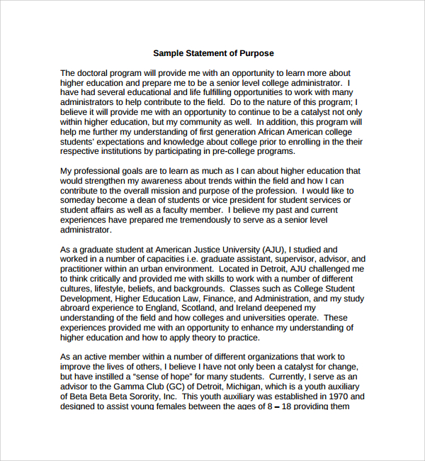 Statement Of Purpose Templates