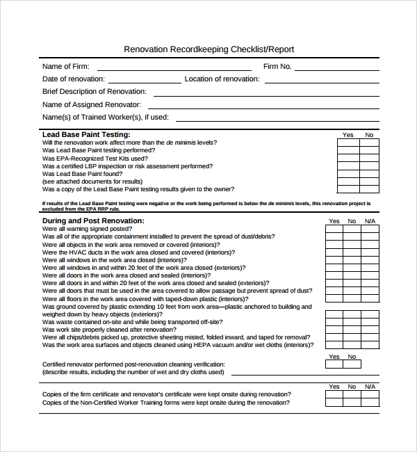 FREE 11 Sample Renovation Checklist Templates In PDF Google Docs Pages MS Word