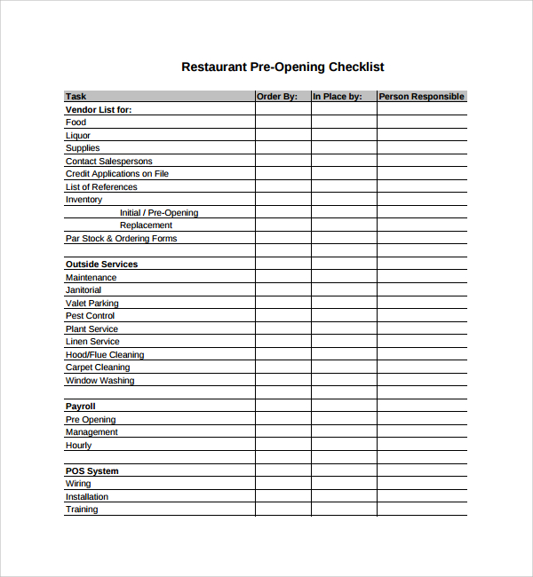 FREE 25 Sample Restaurant Checklist Templates In Excel PDF MS Word FREE 25 Sample Restaurant Checklist Templates In Excel PDF MS Word