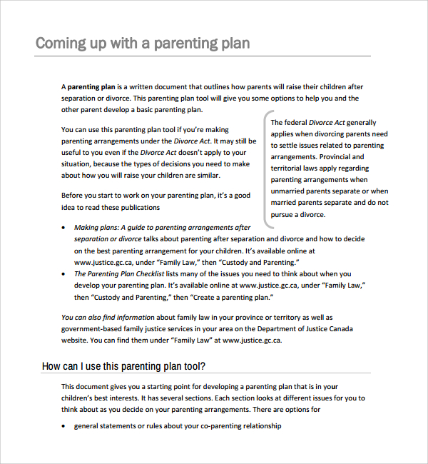 9 Parenting Plan Templates Sample Templates