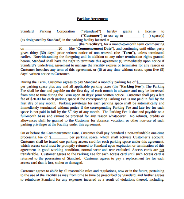 Sample Parking Agreement Template - 9+ Free Documents in PDF, Word