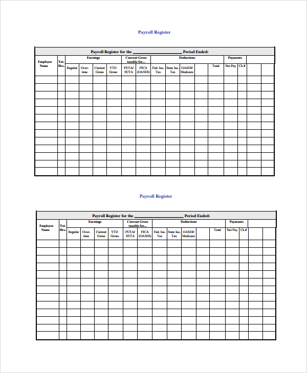 FREE 7 Sample Payroll Register Templates In MS Word PDF