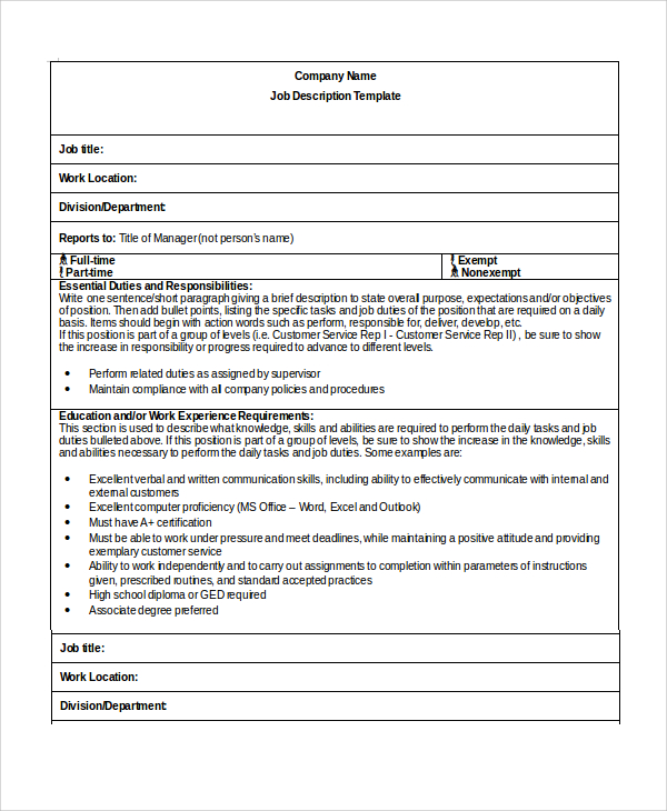 Job Description Sheet Template Free Sheet Templates Riset