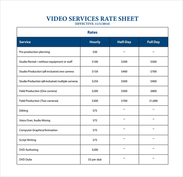 FREE 6 Sample Rate Sheet Templates In PDF