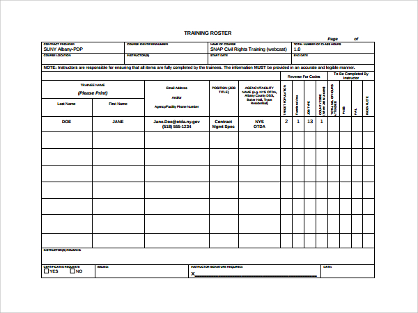8 Training Roster Templates Sample Templates