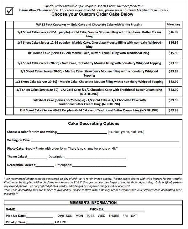 FREE 16 Sample Cake Order Form Templates In MS Word PDF