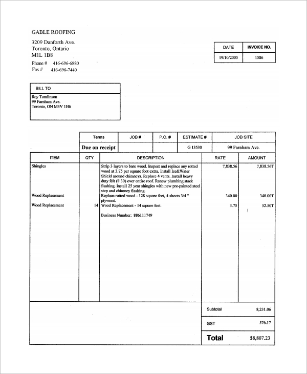 Roofing Invoice Template Excel