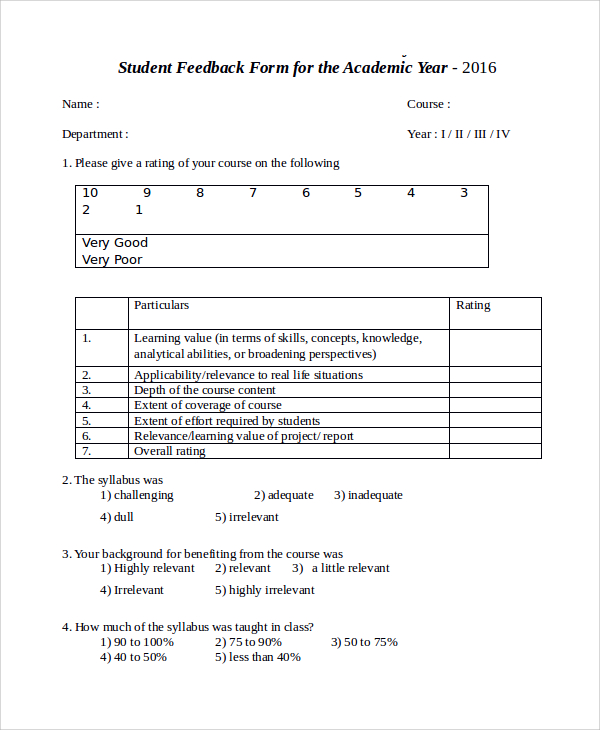 FREE 9 Sample Students Feedback Forms In PDF MS Word