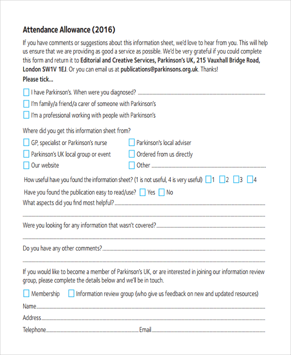 FREE 6 Sample Attendance Allowance Forms In PDF MS Word