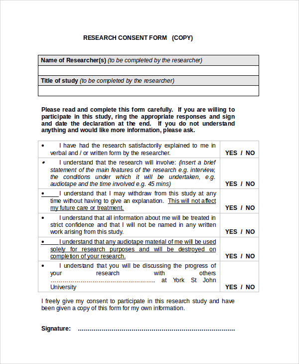FREE 8 Sample Research Consent Forms In PDF MS Word