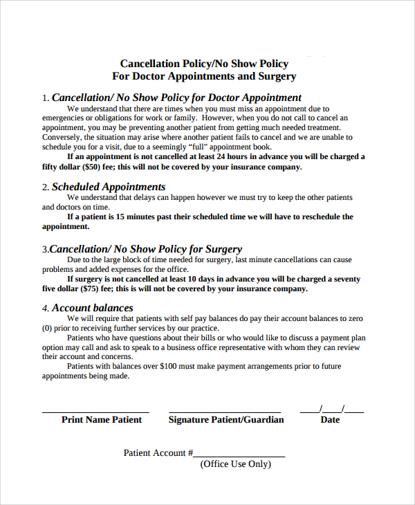Standard Cancellation Policy Template