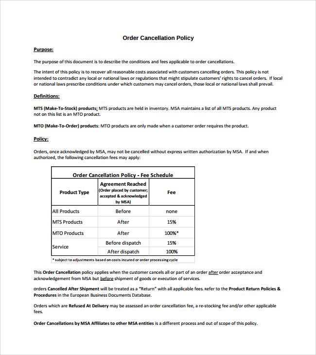 FREE 9 Cancellation Policy Templates In PDF