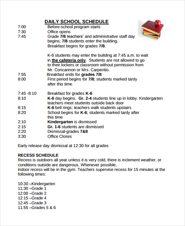 FREE 11 Sample School Schedule Templates In PDF MS Word