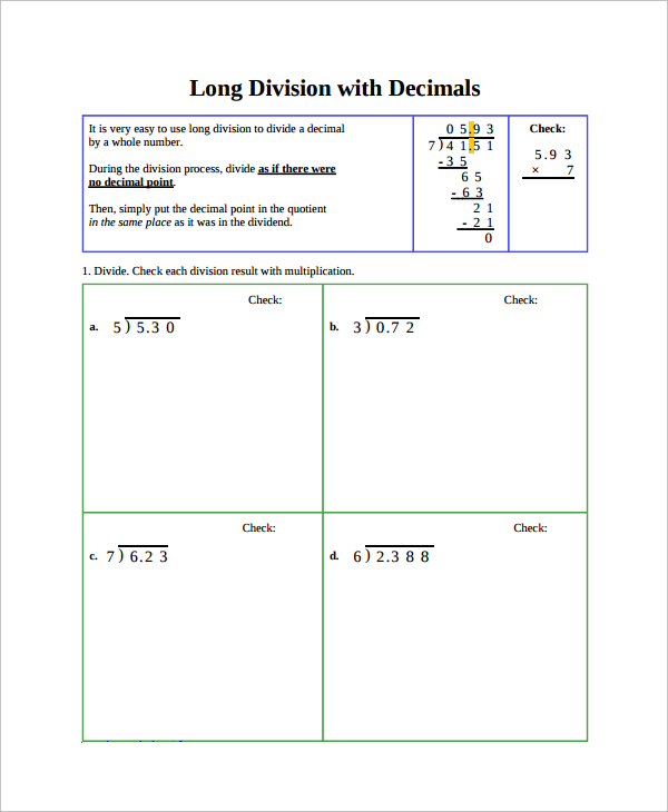 Decimal Long Division Worksheets