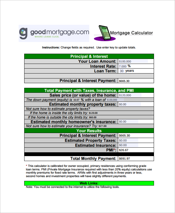 9 Mortgage Payment Calculator Templates Sample Templates 9 Mortgage Payment Calculator Templates Sample Templates
