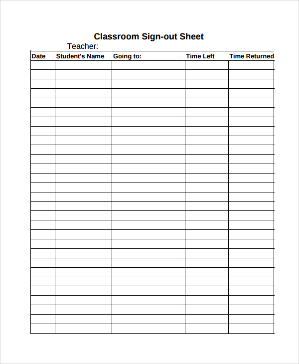 Printable Sign Out Sheet