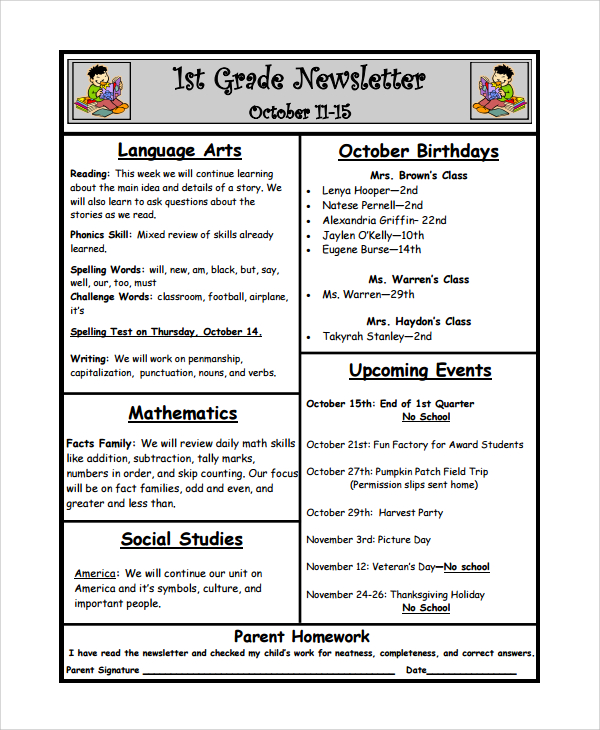 1st Grade Newsletter Template HQ Printable Documents