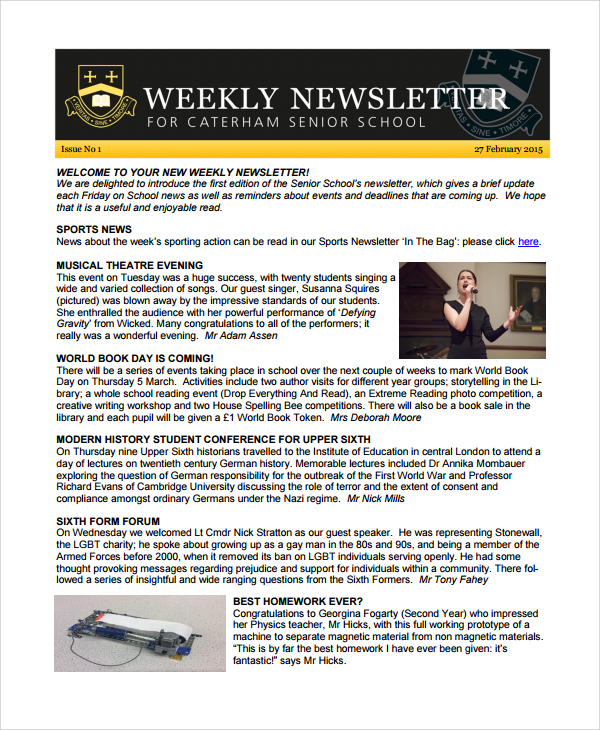 FREE 12 Sample Weekly Newsletter Templates In MS Word PDF HTML PSD