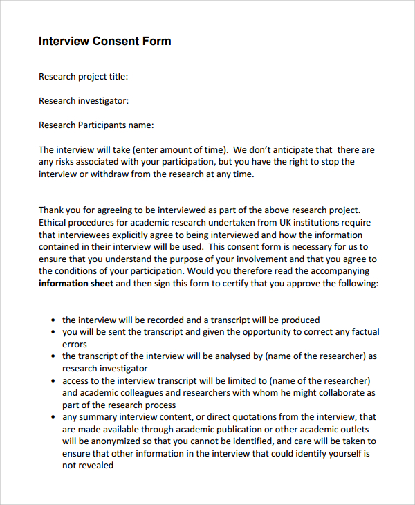 Printable Consent Form For Research Interview Printable Forms Free Online