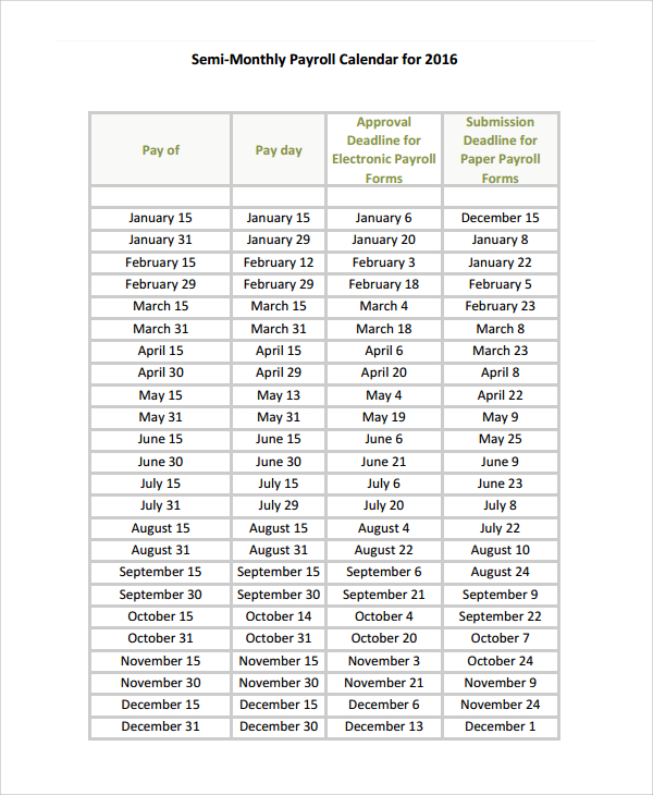 FREE 9 Sample Payroll Calendar Templates In PDF Excel