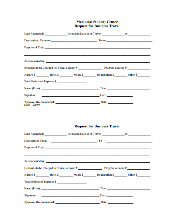 Business Travel Request Form Template Excel