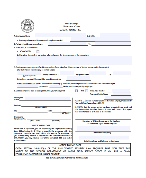 Printable Separation Notice Template