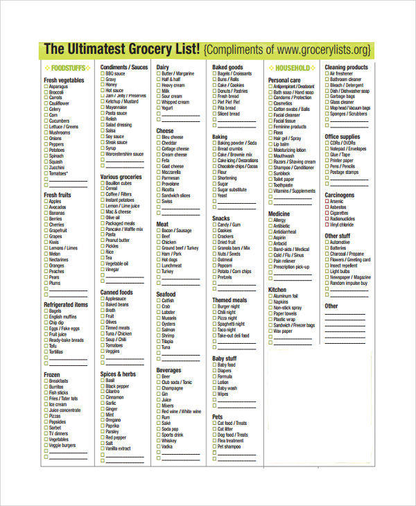 FREE 25 Sample Grocery Lists In PDF