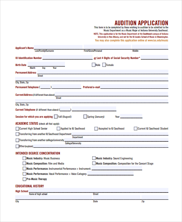 FREE 7 Sample Audition Forms In PDF MS Word