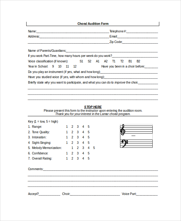 Audition Form Template Word