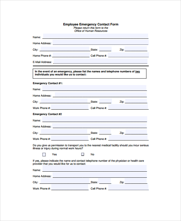 Printable Employee Emergency Contact Form Template Printable Free 