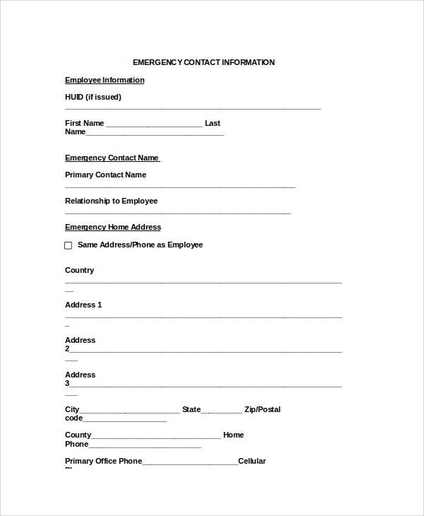 FREE 8 Emergency Contact Form Samples In PDF MS Word