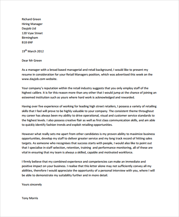 FREE 6 Sample Store Manager Cover Letter Templates In MS Word PDF