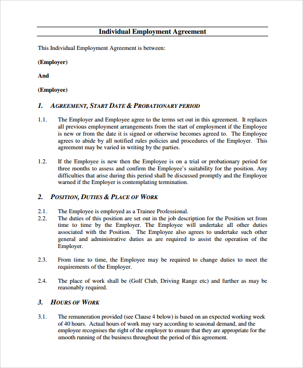 FREE 9 Sample Individual Employment Agreement Templates In PDF MS Words