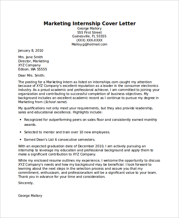 Cover Letter For Internship In Marketing Internship Cover Letter 