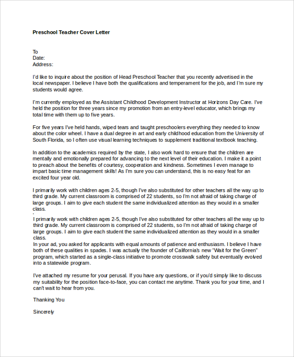 FREE 12 Teacher Cover Letter Samples In PDF MS Word Google Docs 