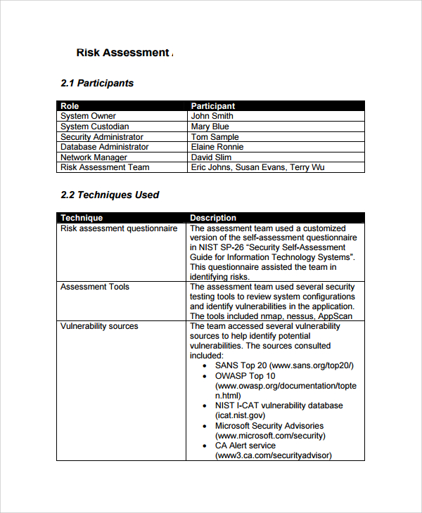 Risk Assessment Report Sample