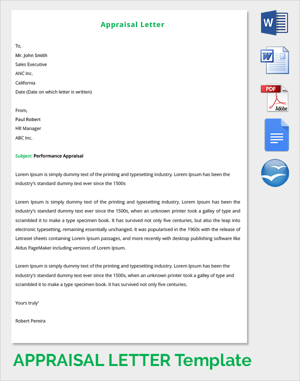 FREE 8 Sample Letter Of Appraisals In MS Word Google Docs Pages PDF