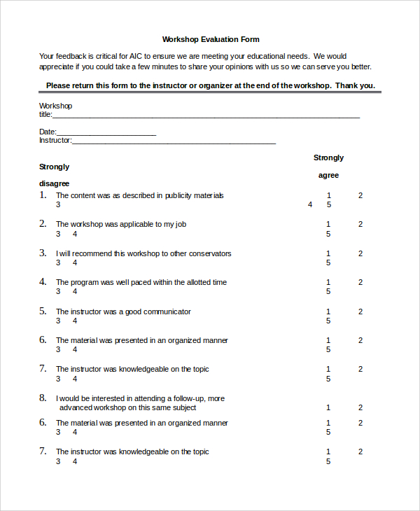 Workshop Evaluation Form Template New 15 Sample Training Evaluation 