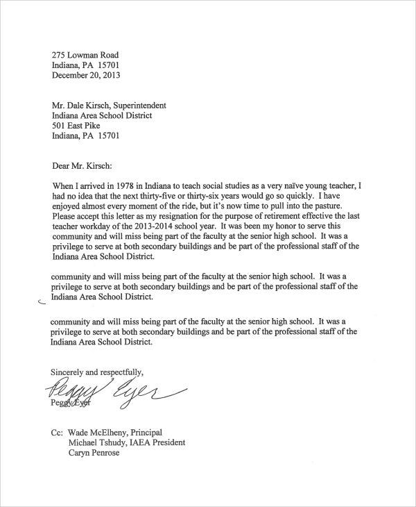 Sample Letter Of Resignation Teacher Retirement Manebthe85 Blog