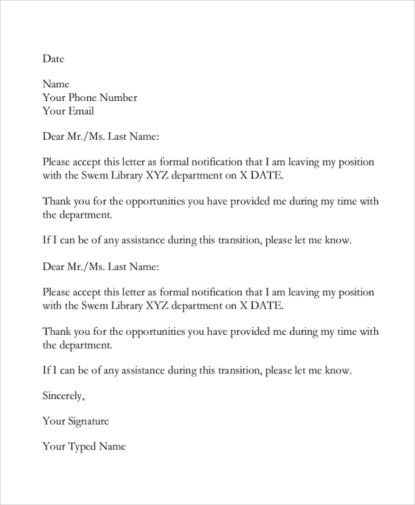 Free 6 Sample Email Resignation Letter Templates In Pdf 9B5