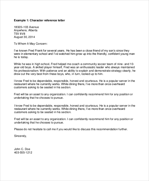 15 Sample Personal Character Reference Letter Of Recommendation Template SampleTemplatess 