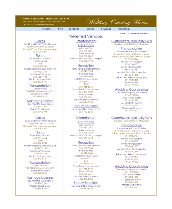 Sample Catering Menu Sample Catering Menu