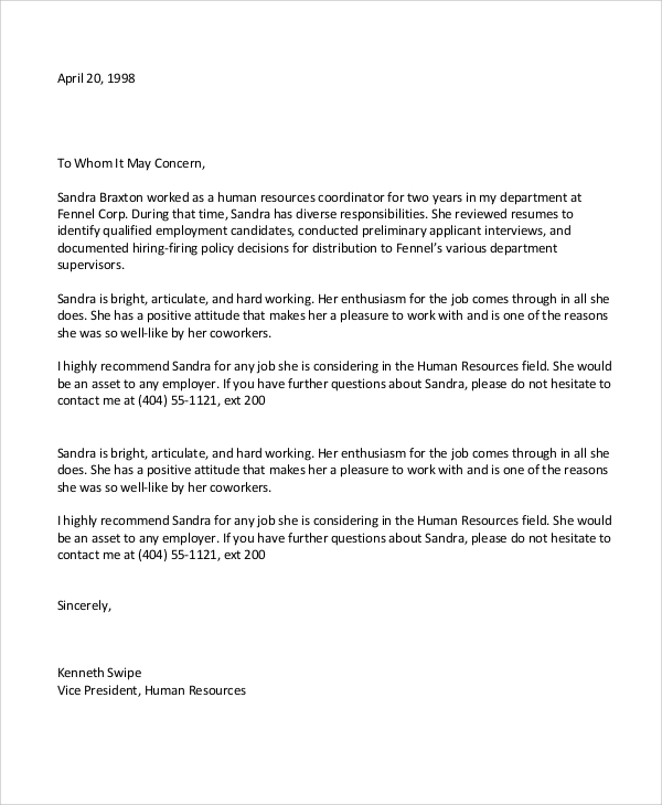 Employee Professional Letter Of Recommendation Template Free Download