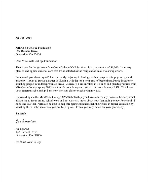 Sample Scholarship Thank You Letter Format