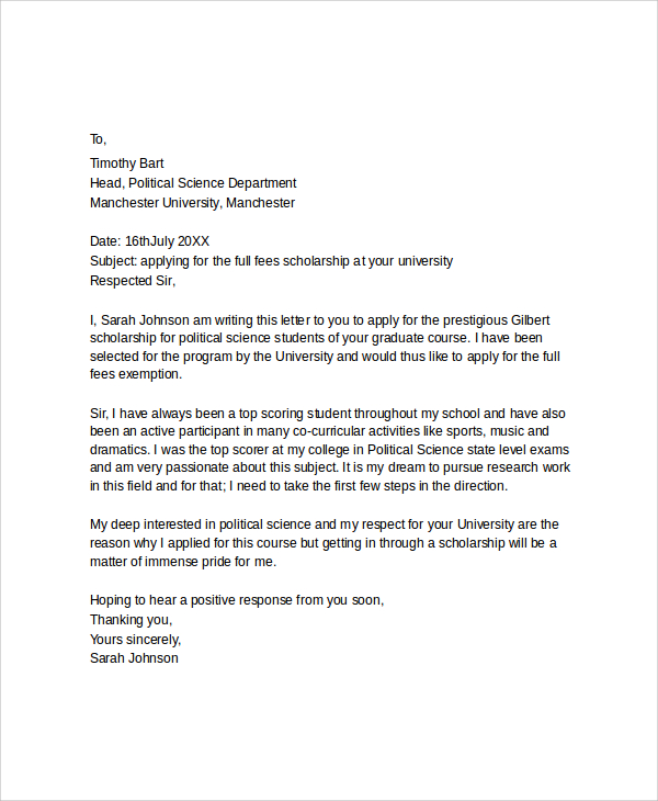 FREE 13 Sample Scholarship Application Letter Templates In PDF MS Word Google Docs Pages