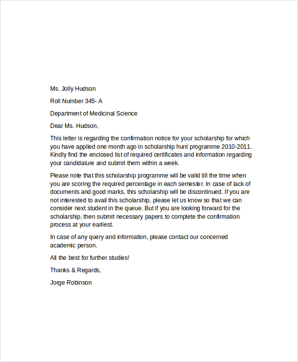 FREE 5 Sample Scholarship Acceptance Letter Templates In PDF MS Word
