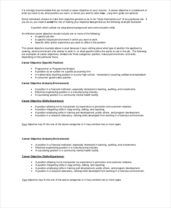 FREE 7 Resume Career Objective Templates In PDF MS Word